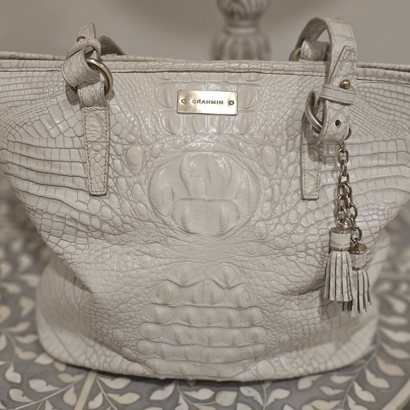 Brahmin | Bags | Vintage Brahmin Pearl White Croc Embossed Leather Tote ...